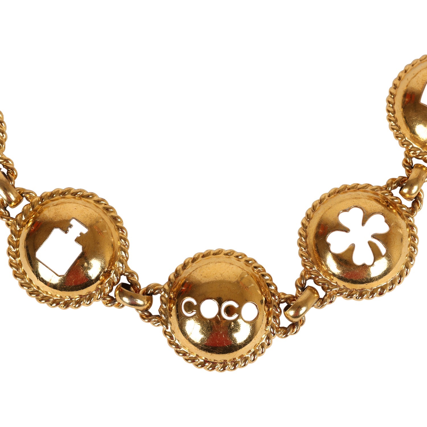 Vintage Chanel 24K Gold Plated Round Cutout Lucky Charms Chain Belt ...