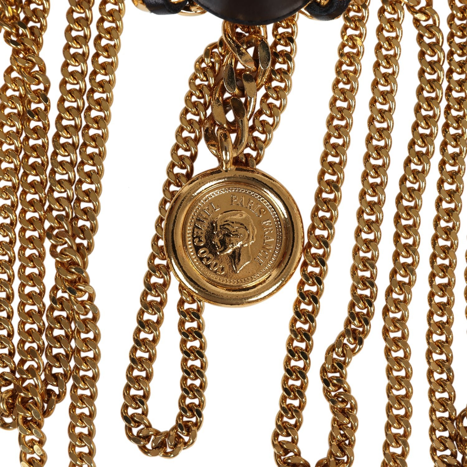 Vintage Chanel 24K Gold Plated Fringe Chain Leather Belt Black Leather
