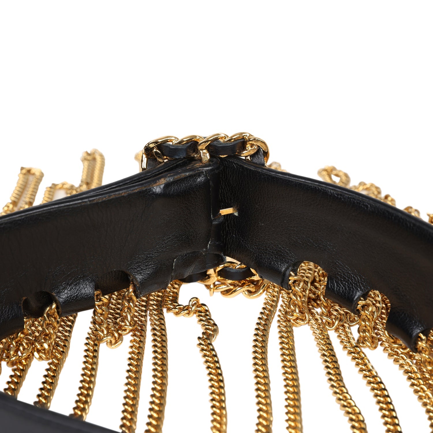 Vintage Chanel 24K Gold Plated Fringe Chain Leather Belt Black Leather