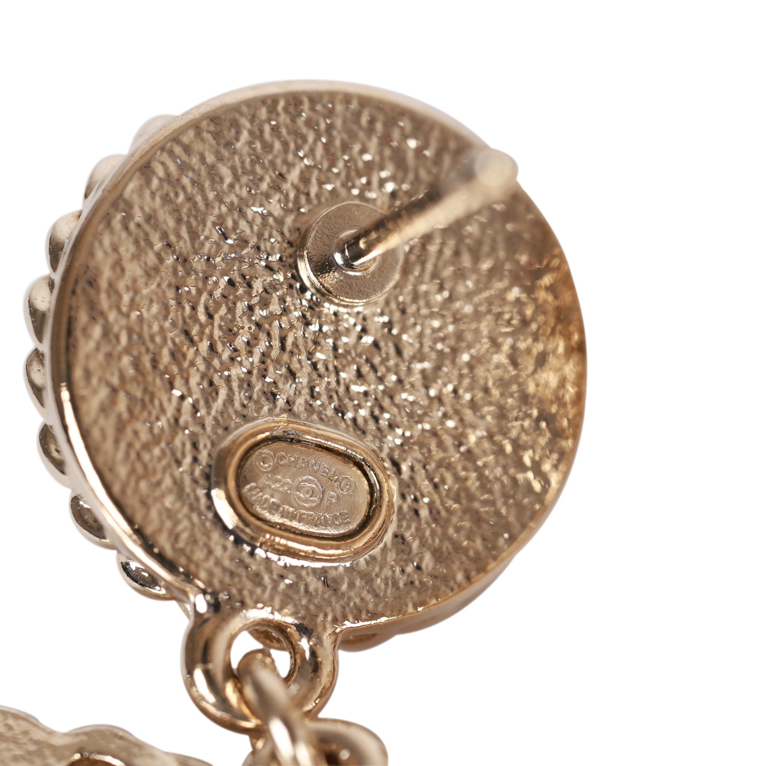 Chanel Light Gold Faux Pearl Crystal Coco Script CC Drop Earrings