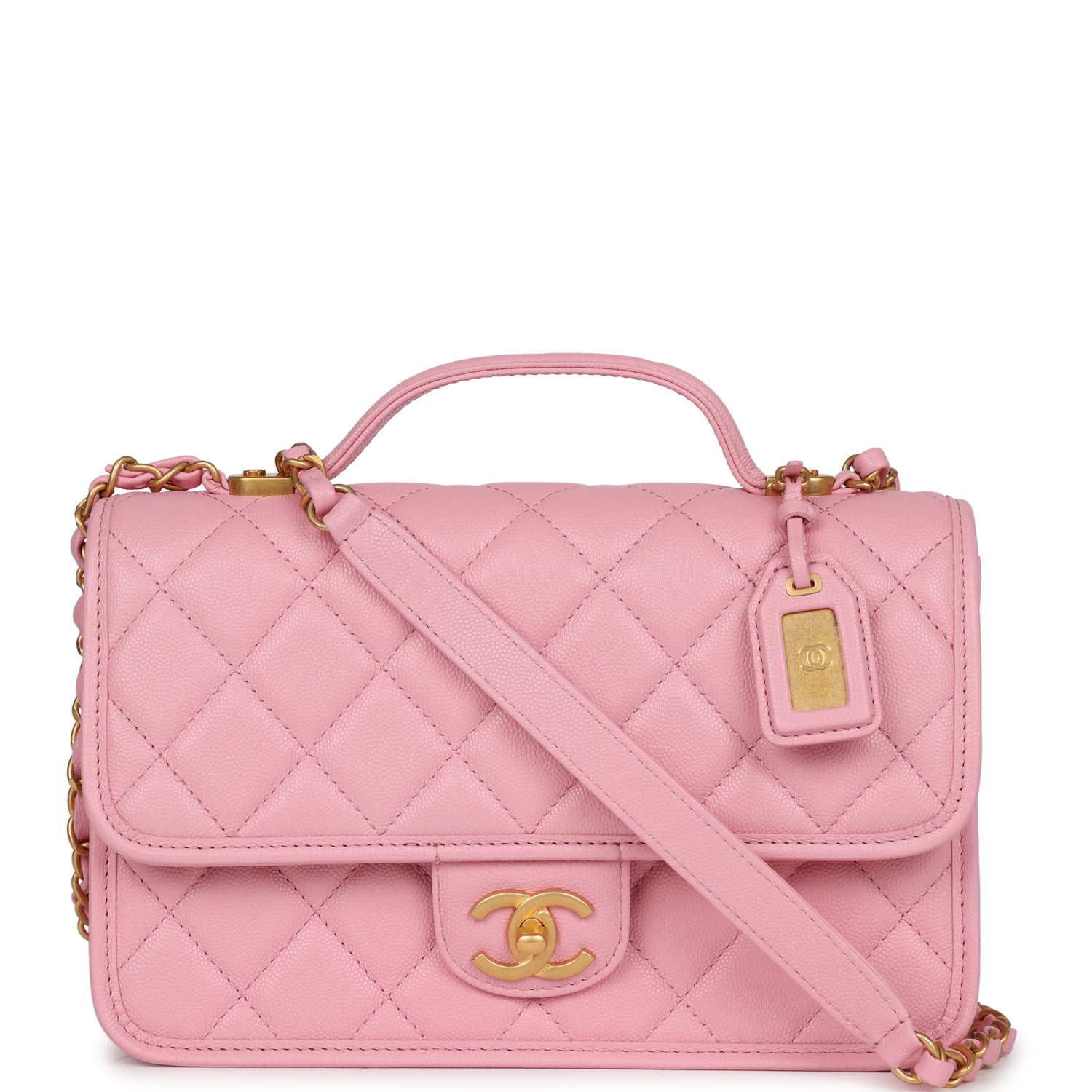 Chanel School Memory Top Handle Flap Bag Pink Caviar Antique Gold Hard
