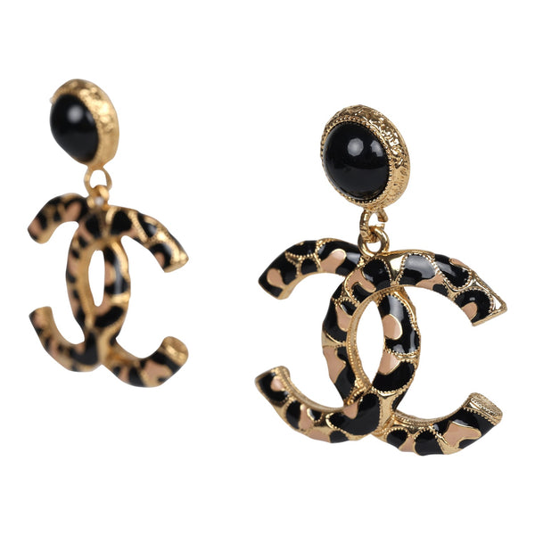 Chanel Large Leopard Print CC Dangle Earrings Black and Brown Enamel G