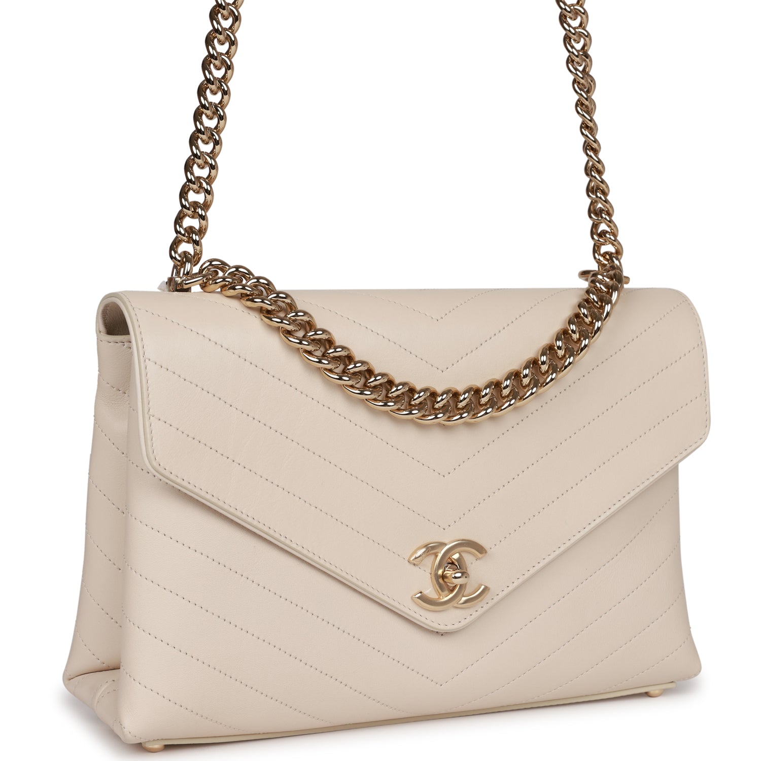 Pre-owned Chanel Envelope Shoulder Flap Bag Ivory Chevron Lambskin Lig ...