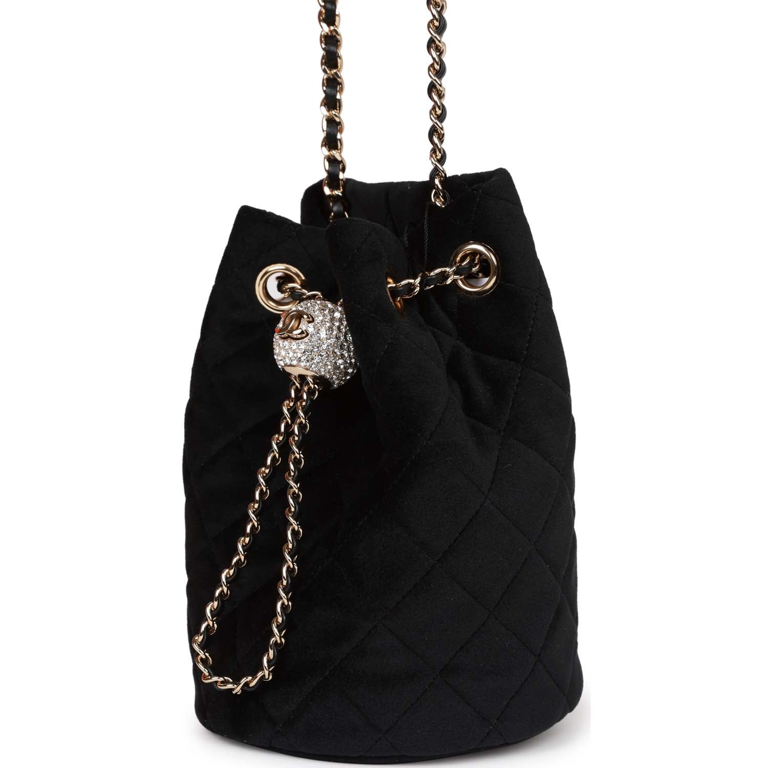 Chanel Crystal Pearl Crush Drawstring Bag Black Velvet Light Gold Hard