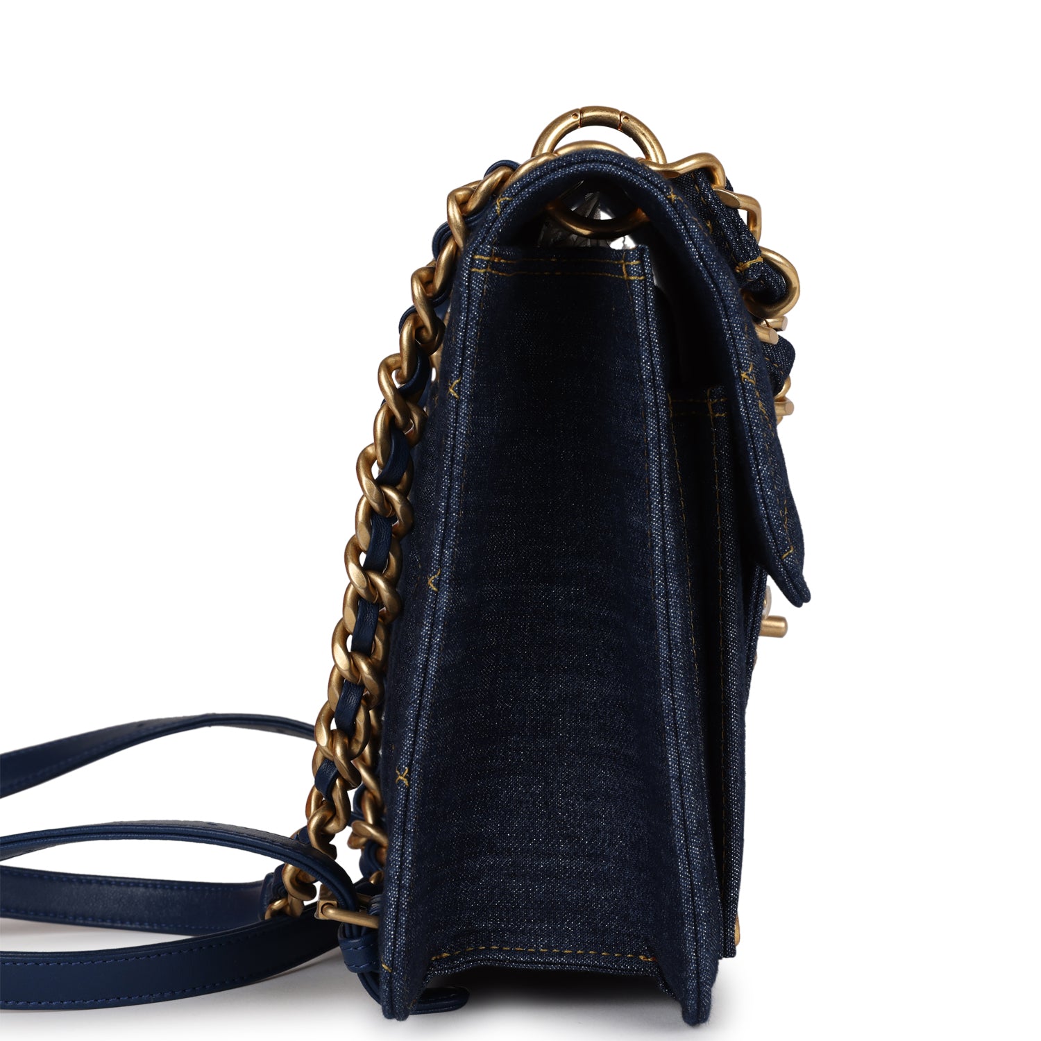 Chanel Square Flap Backpack Blue Denim Antique Gold Hardware