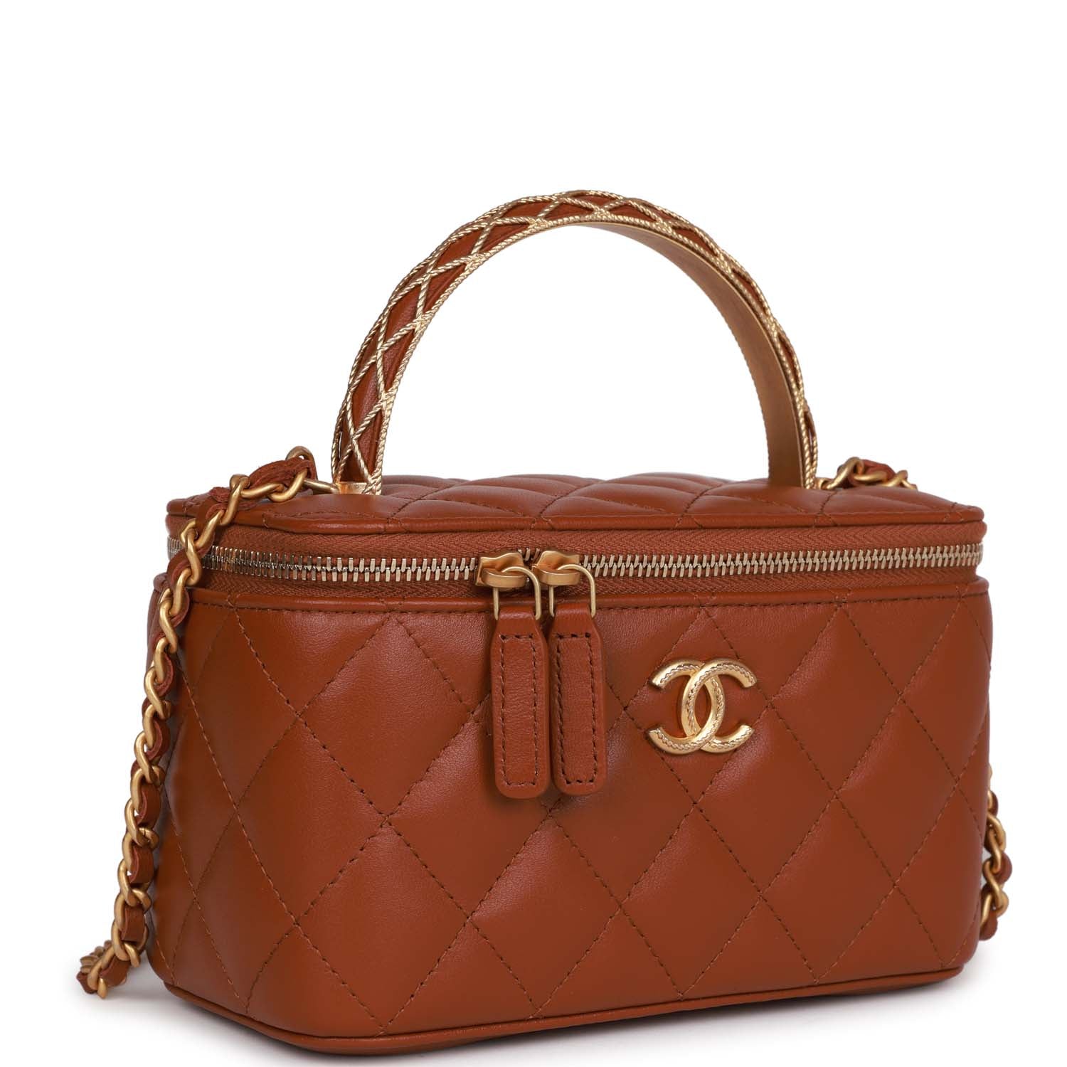 Chanel Small Top Handle Vanity Case Brown Lambskin Brushed Gold Hardwa
