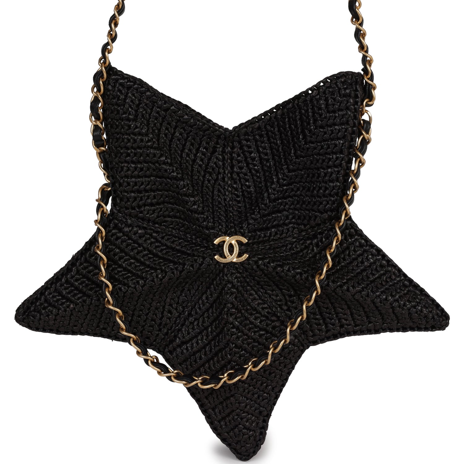 Chanel Star Coco Beach Bag Black Raffia Aged Gold Hardware