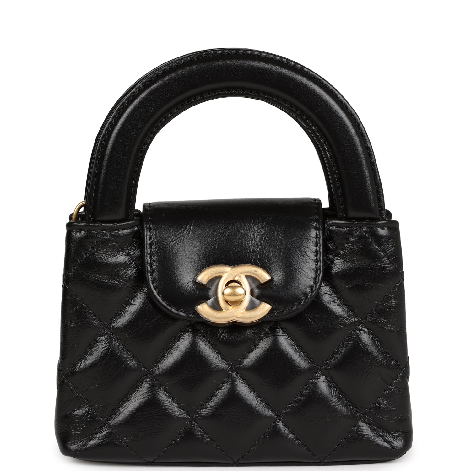 Chanel Nano Kelly Shopper Black Shiny Aged Calfskin Brushed Gold Hardw