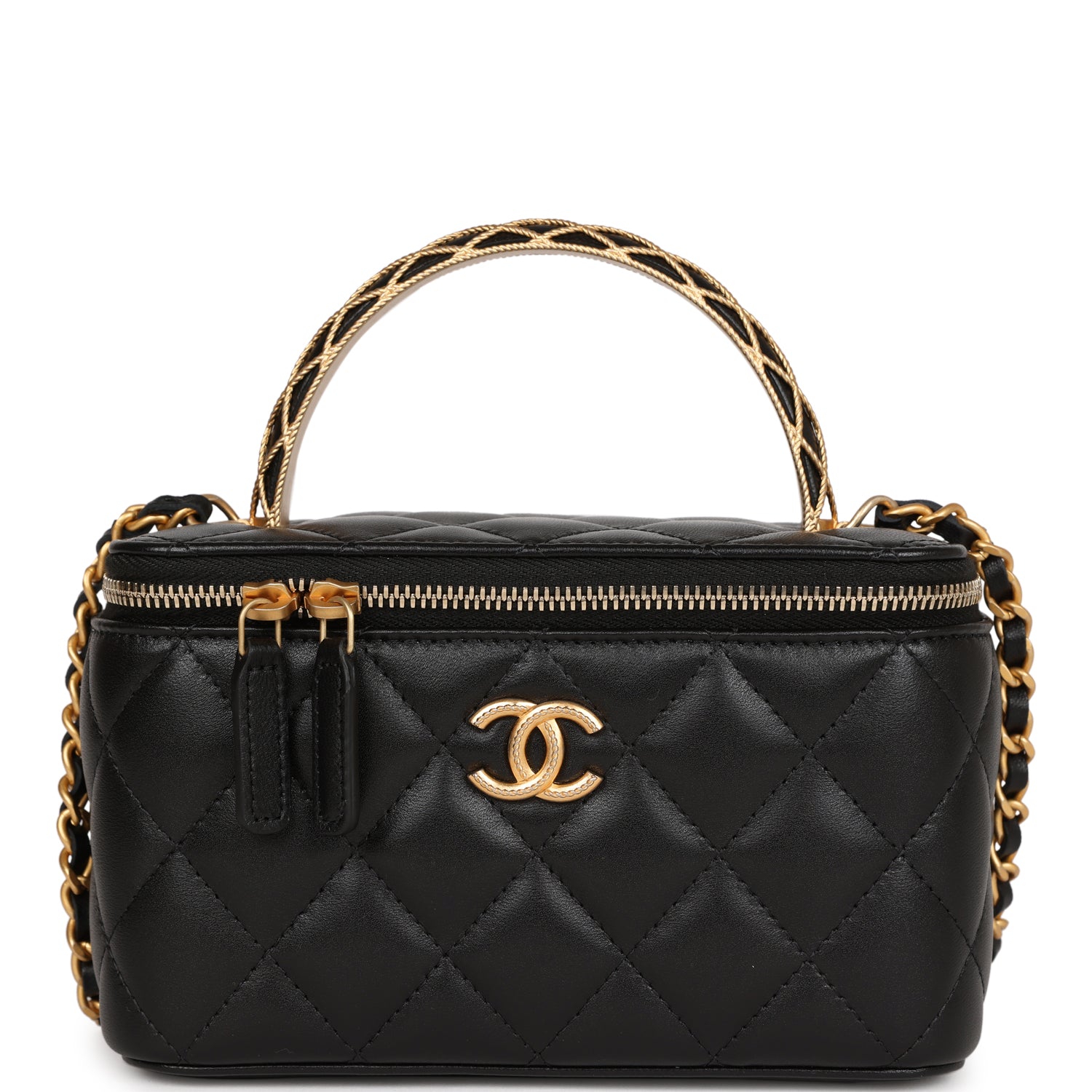 Chanel Mini Vanity Top Handle Case Black Lambskin Brushed Gold Hardwar