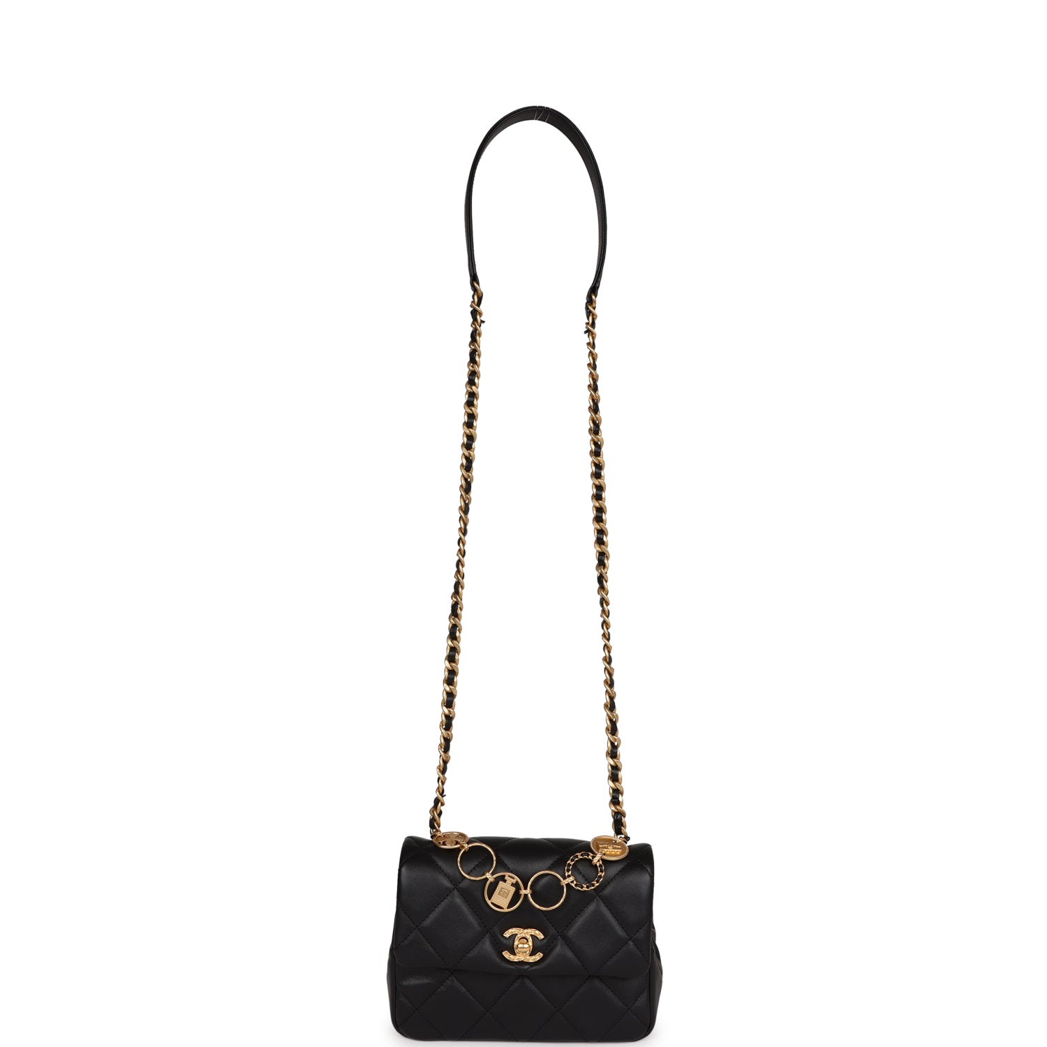 Chanel Mini Charms Flap Bag Black Lambskin Brushed Gold Hardware