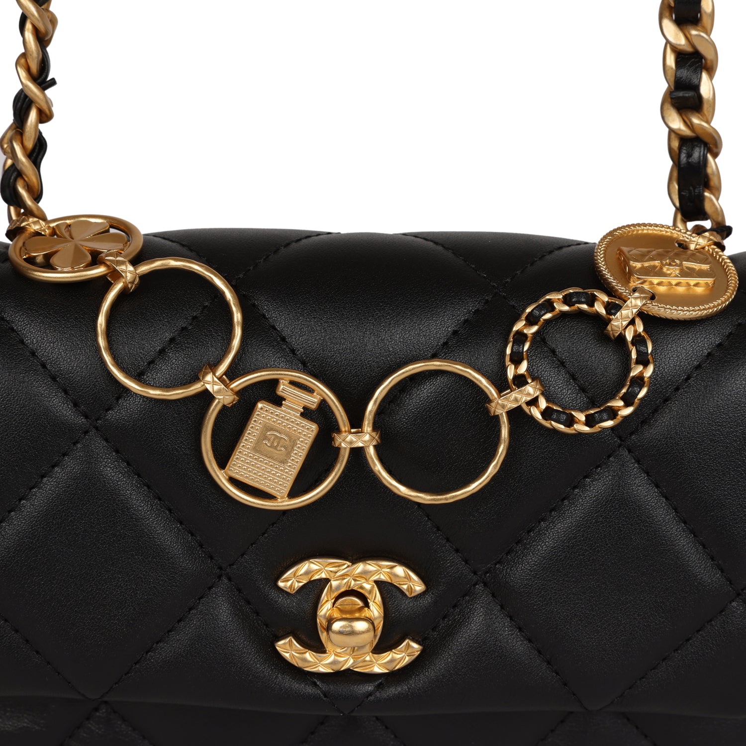 Chanel Mini Charms Flap Bag Black Lambskin Brushed Gold Hardware