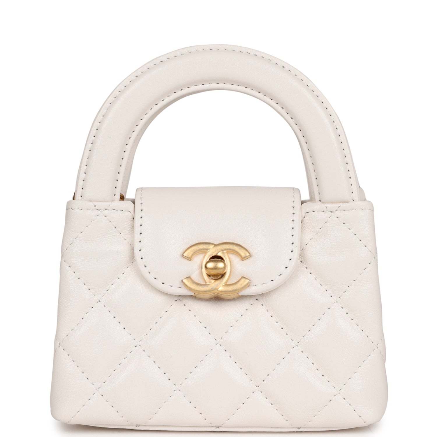 Chanel Nano Kelly Shopper White Shiny Aged Calfskin Brushed Gold Hardw
