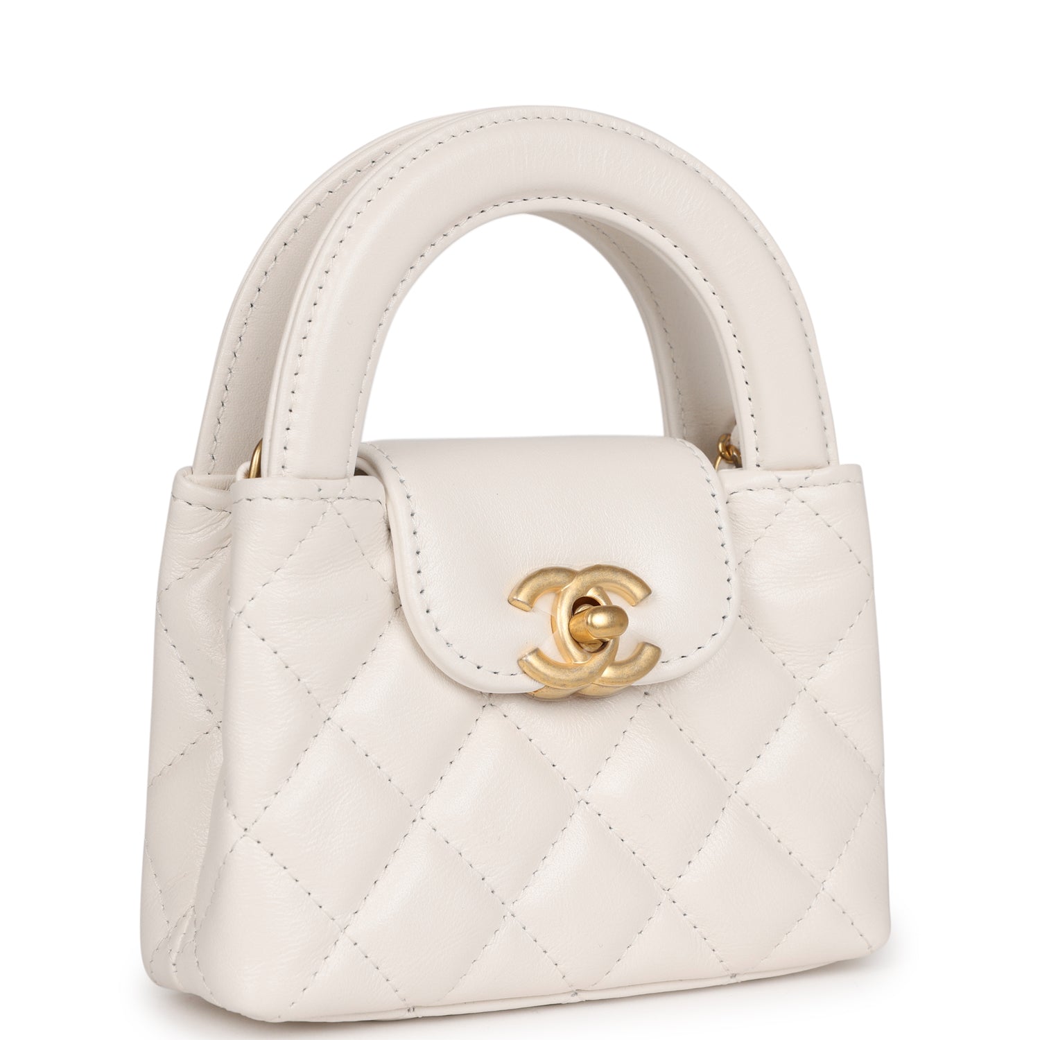 Chanel Nano Kelly Shopper White Shiny Aged Calfskin Brushed Gold Hardw