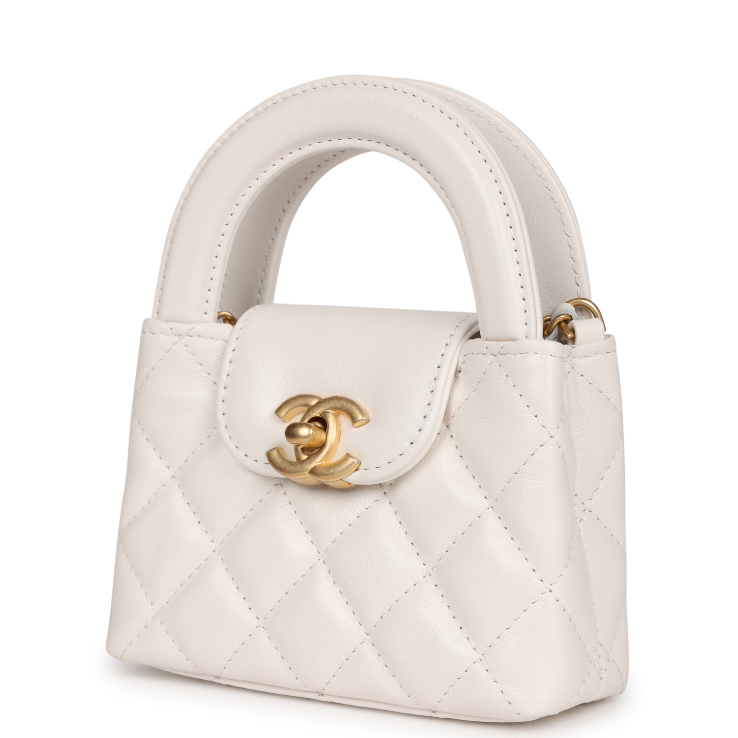 Chanel Nano Kelly Shopper White Shiny Aged Calfskin Brushed Gold Hardw