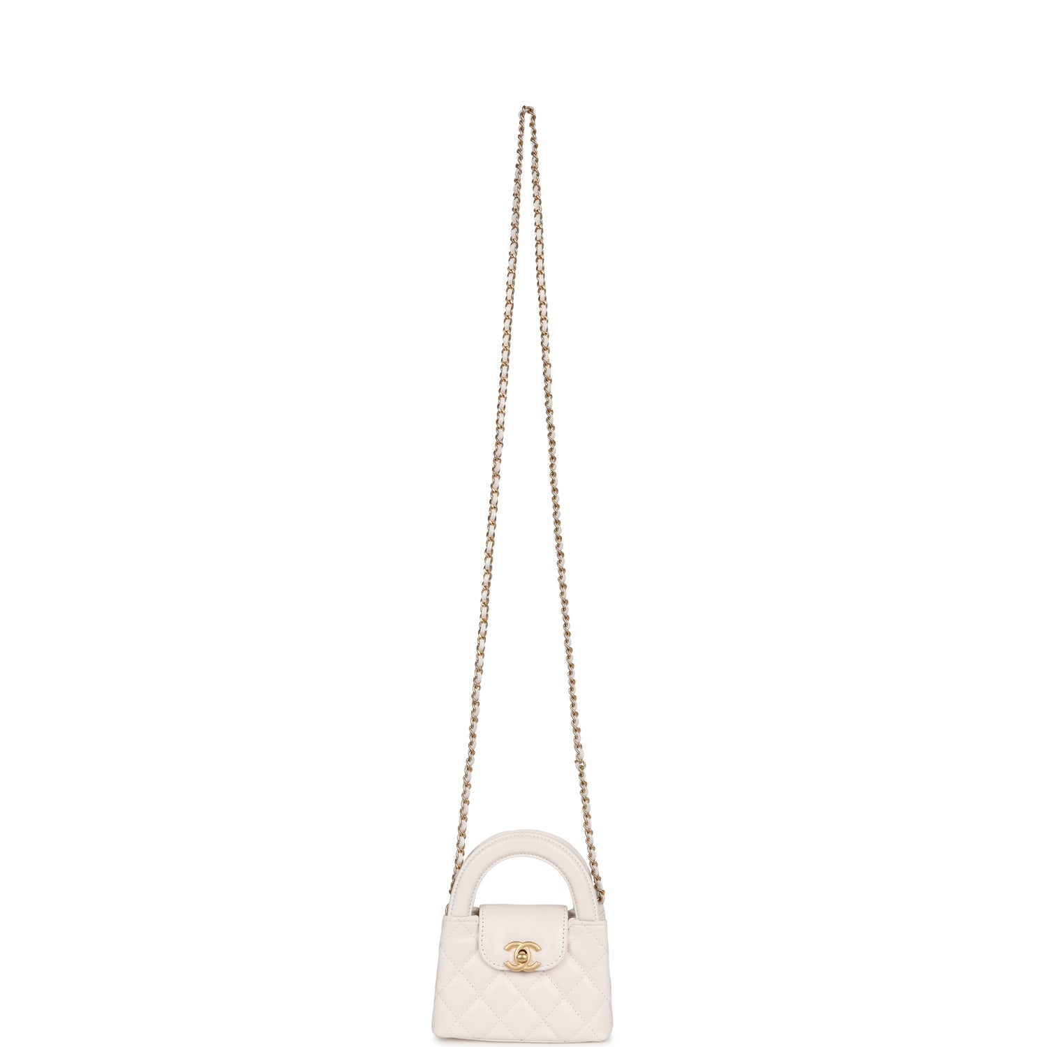 Chanel Nano Kelly Shopper White Shiny Aged Calfskin Brushed Gold Hardw