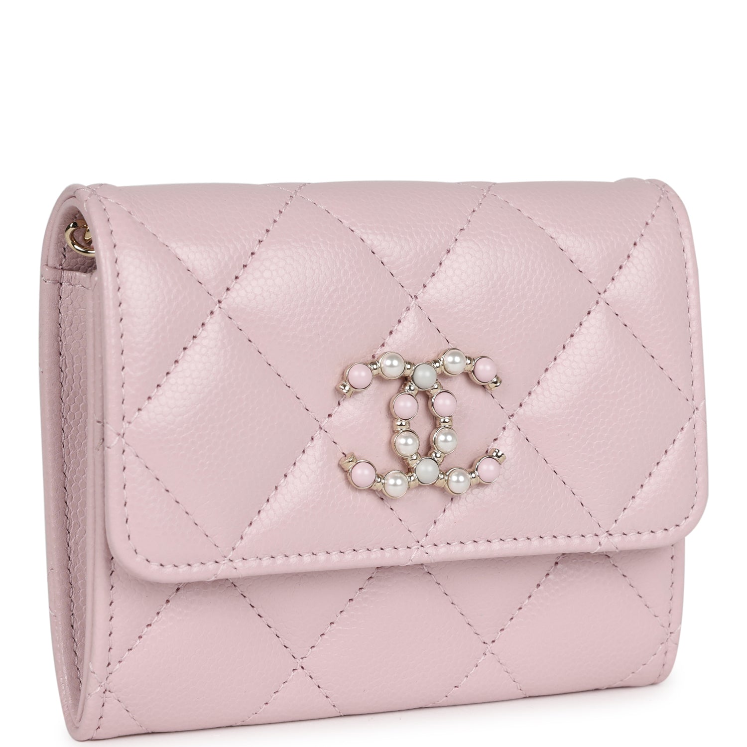 Chanel Mini Crossbody Pearl Wallet Pink Caviar Light Gold Hardware