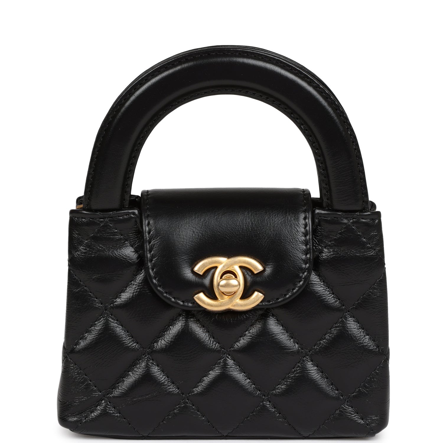 Chanel Nano Kelly Shopper Black Shiny Aged Calfskin Brushed Gold Hardw