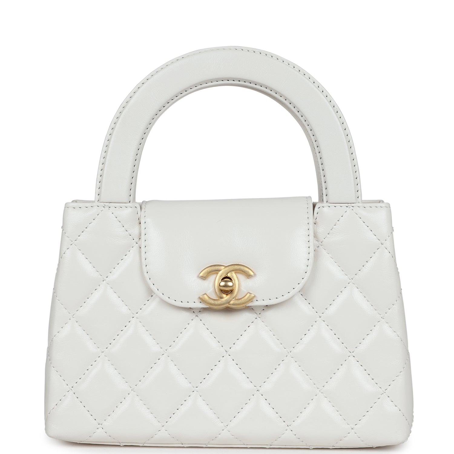 Chanel Small Kelly Shopper White Shiny Aged Calfskin Brushed Gold Hard