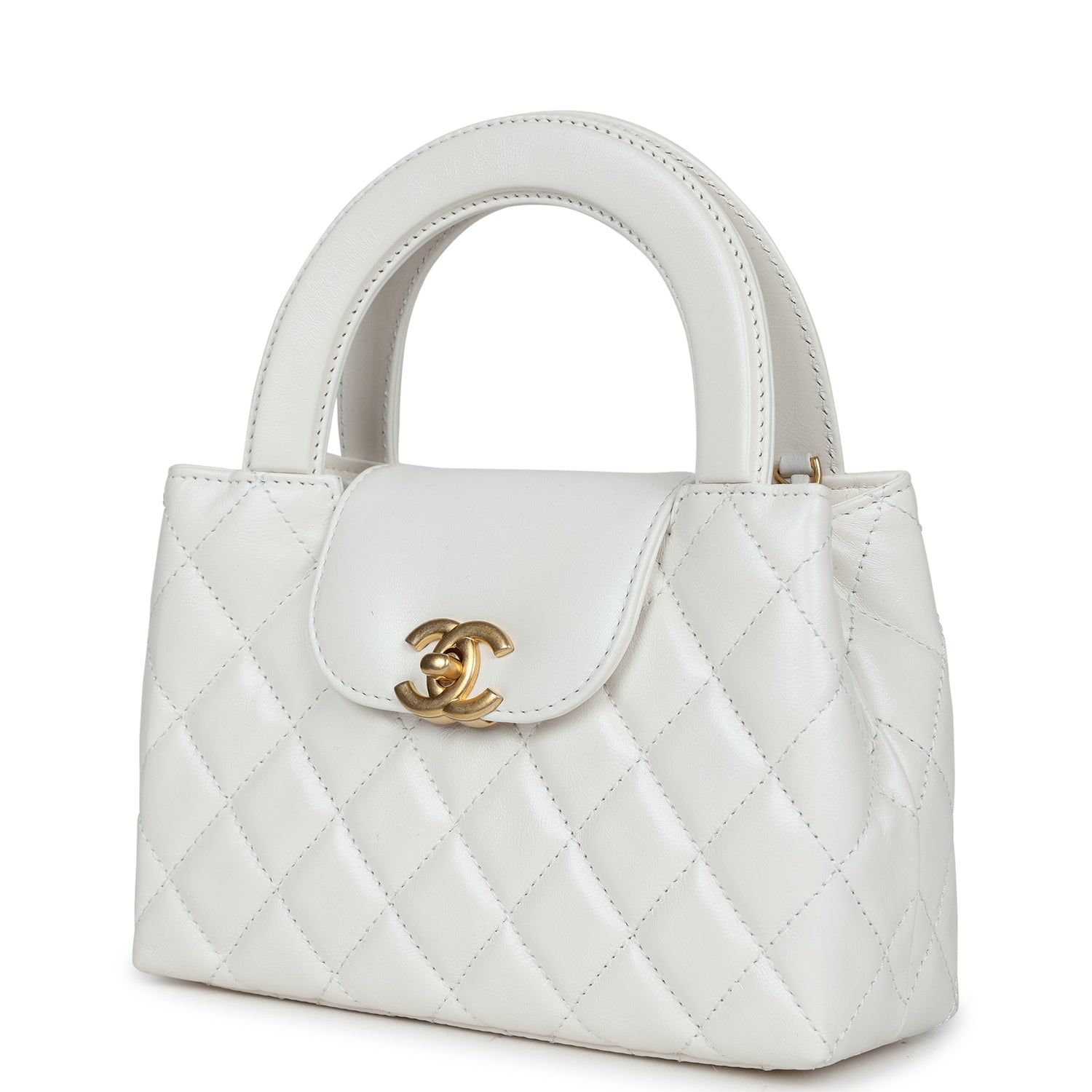 Chanel Small Kelly Shopper White Shiny Aged Calfskin Brushed Gold Hard