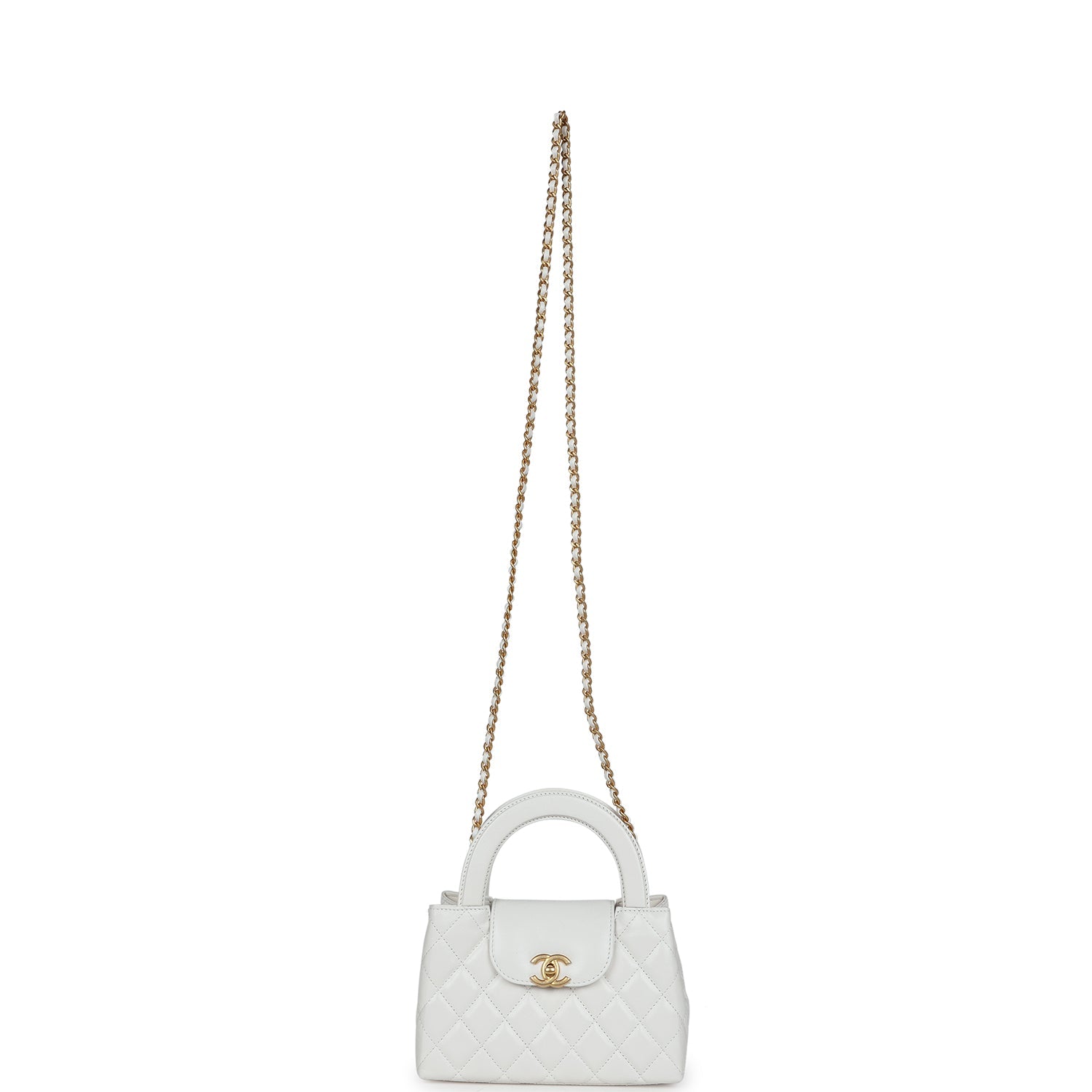 Chanel Small Kelly Shopper White Shiny Aged Calfskin Brushed Gold Hard
