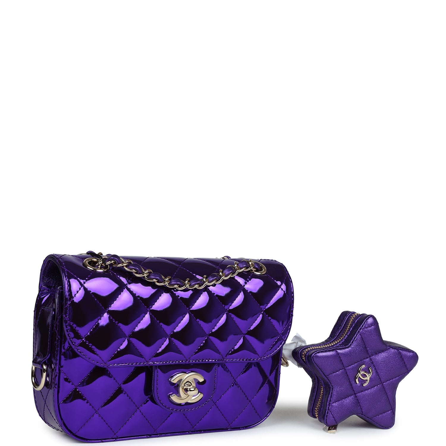 Chanel Mini Flap Bag & Star Coin Purse Purple Mirror Calfskin/Metallic