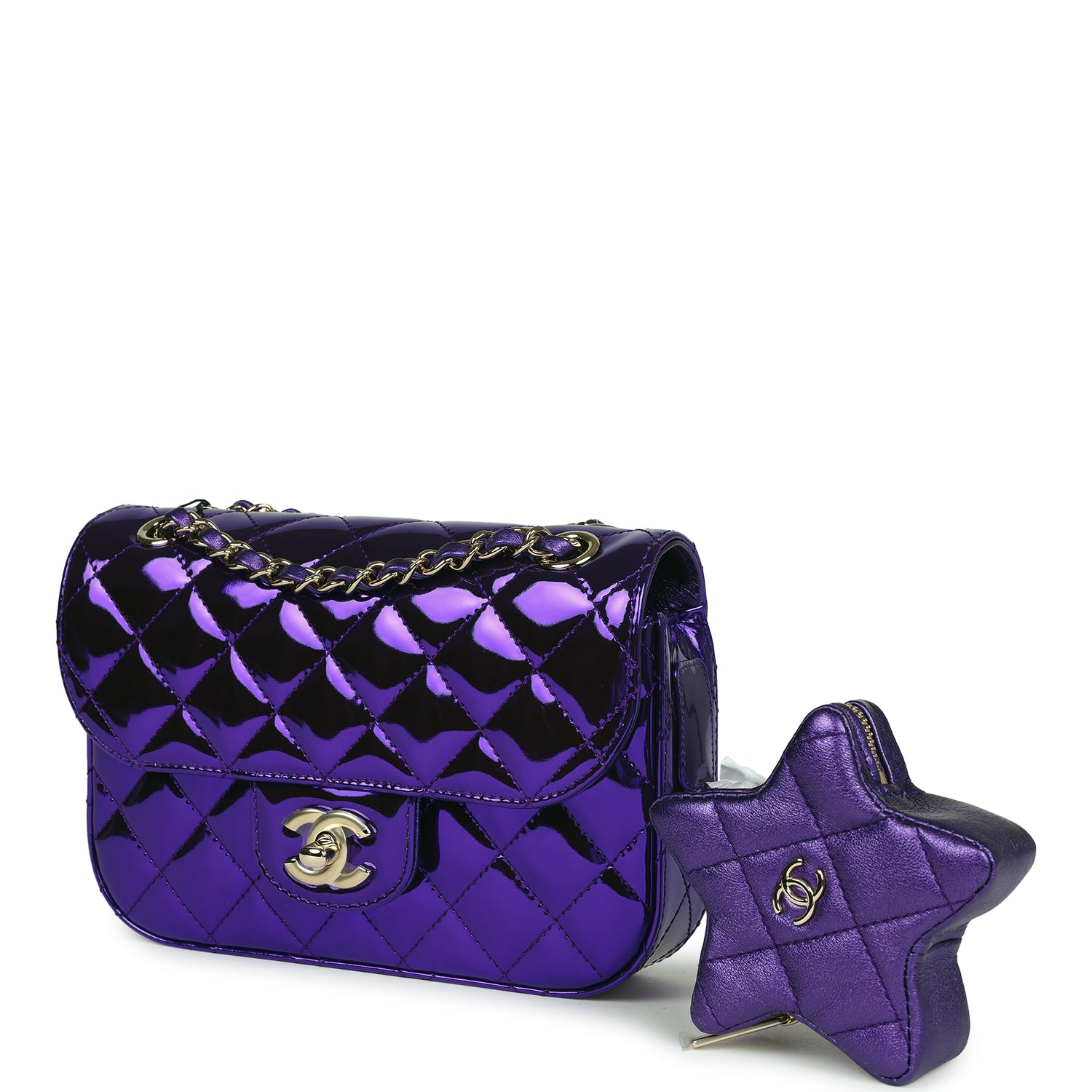 Chanel Mini Flap Bag & Star Coin Purse Purple Mirror Calfskin/Metallic
