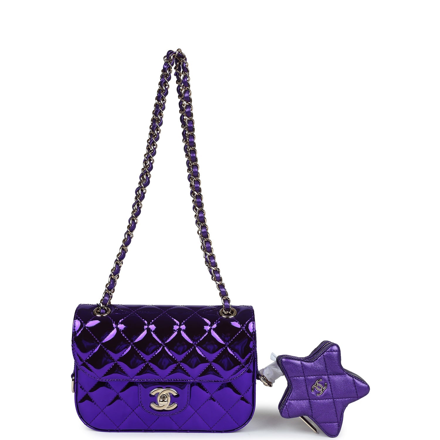 Chanel Mini Flap Bag & Star Coin Purse Purple Mirror Calfskin/Metallic