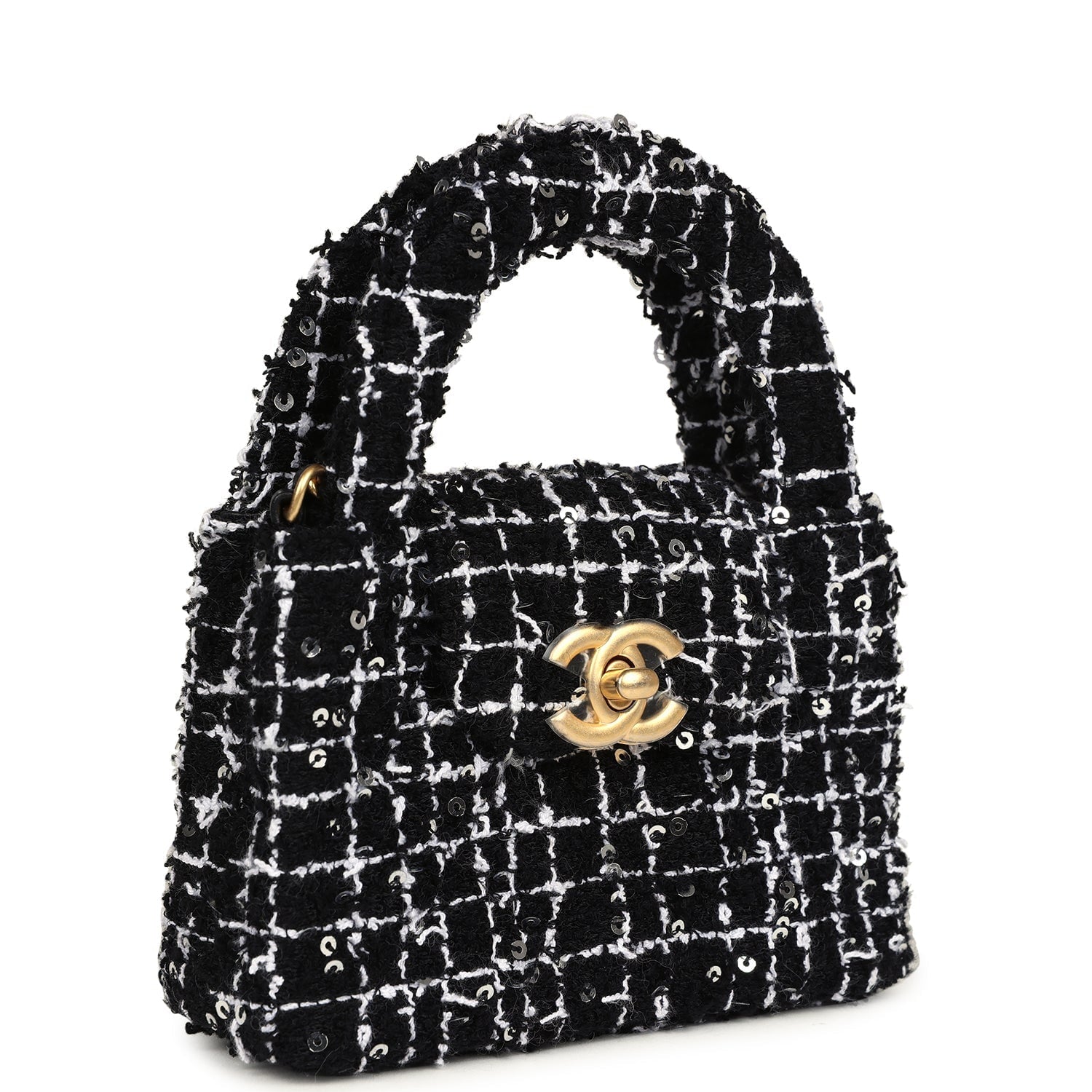 Chanel Nano Kelly Shopper Black, White & Sequin Tweed Brushed Gold Har