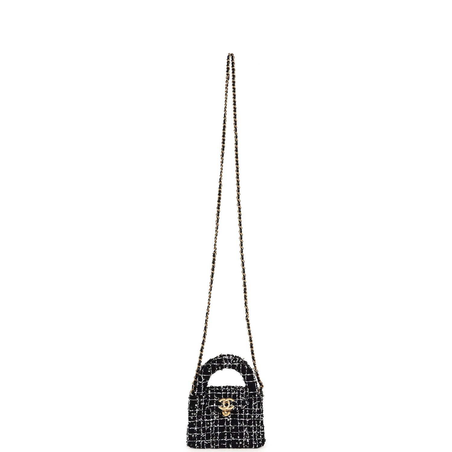 Chanel Nano Kelly Shopper Black, White & Sequin Tweed Brushed Gold Har