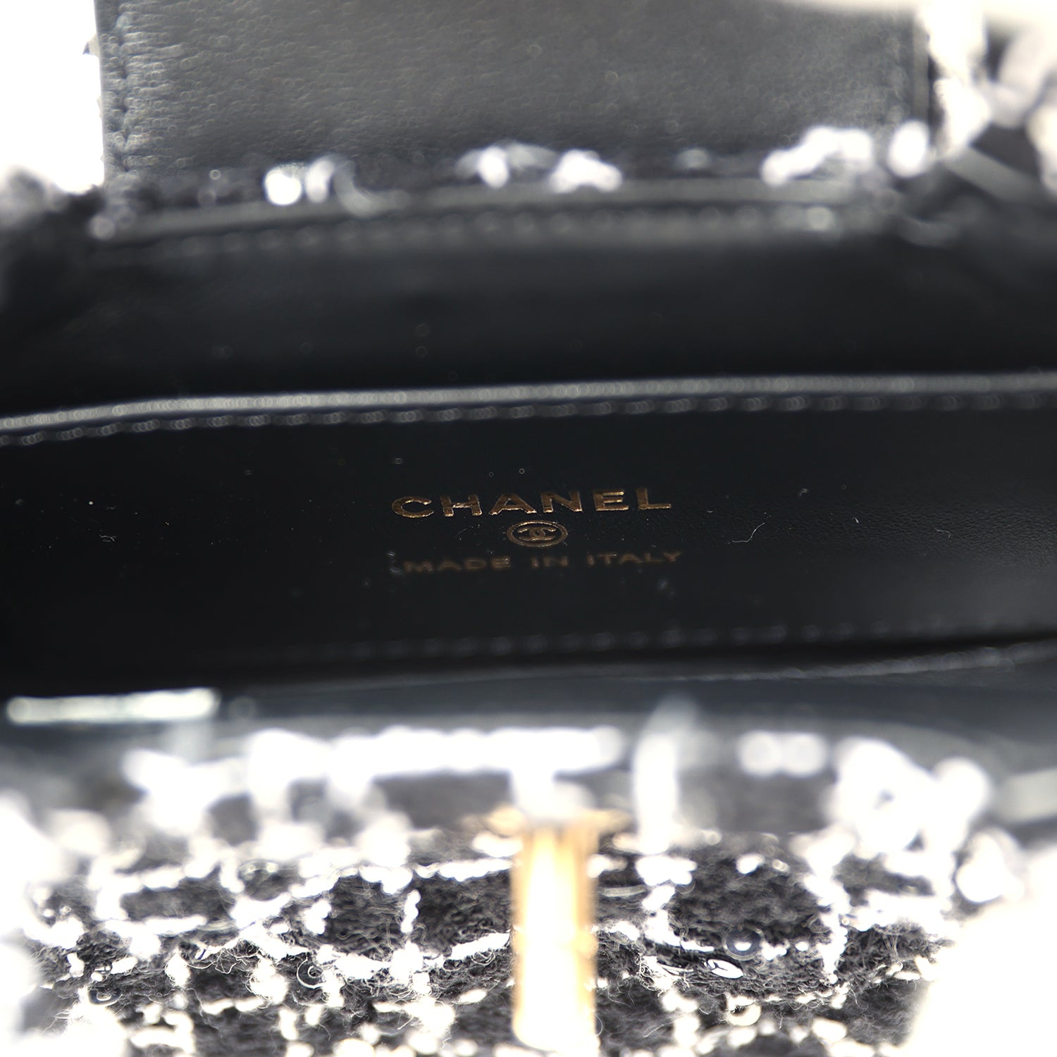 Chanel Nano Kelly Shopper Black, White & Sequin Tweed Brushed Gold Har