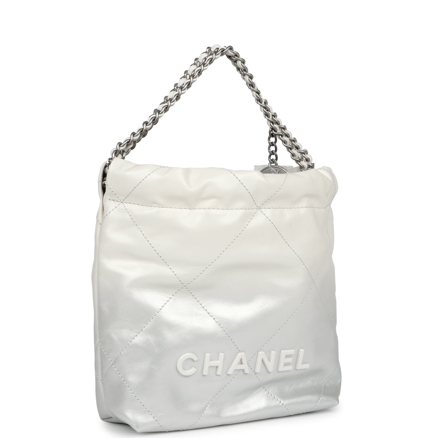 Chanel Mini 22 Bag White and Silver Ombre Metallic Calfskin Silver Har