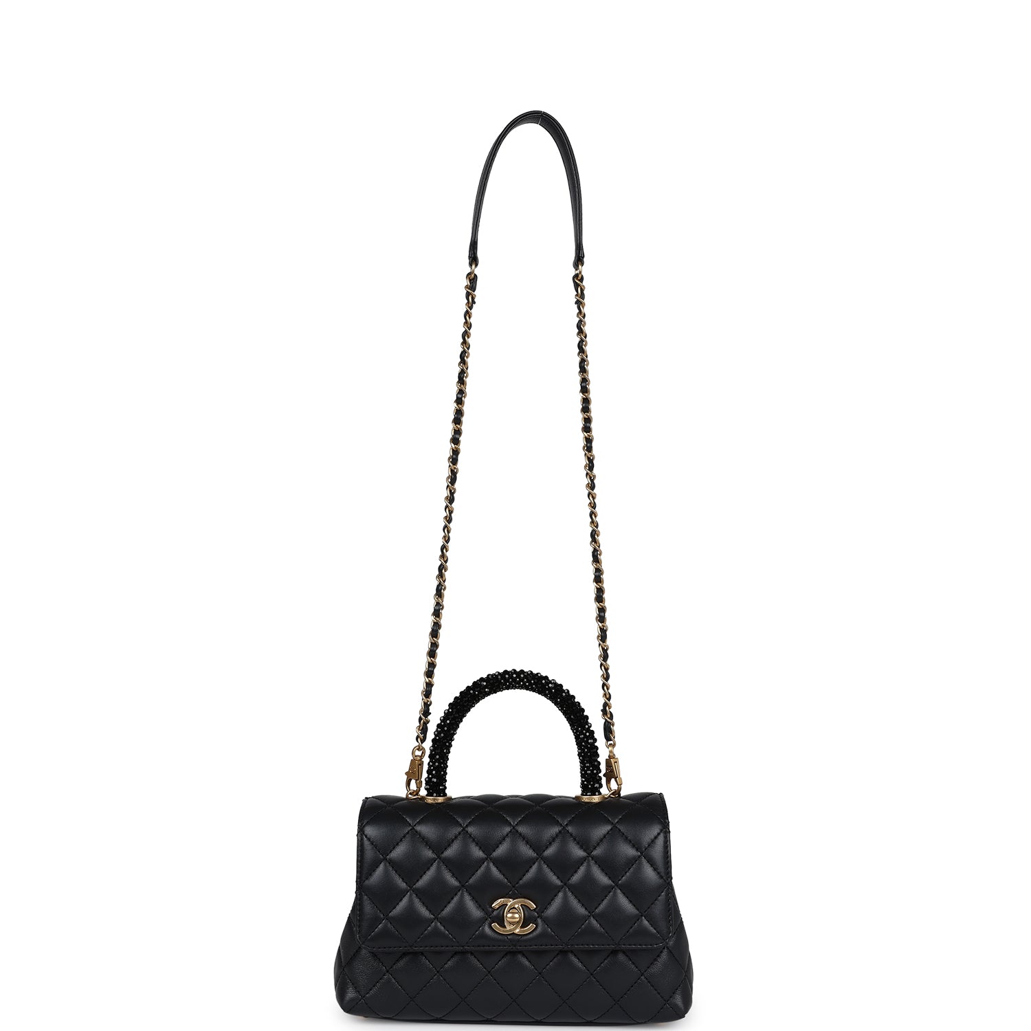 Chanel Small Coco Crystal Top Handle Flap Bag Black Lambskin Brushed G