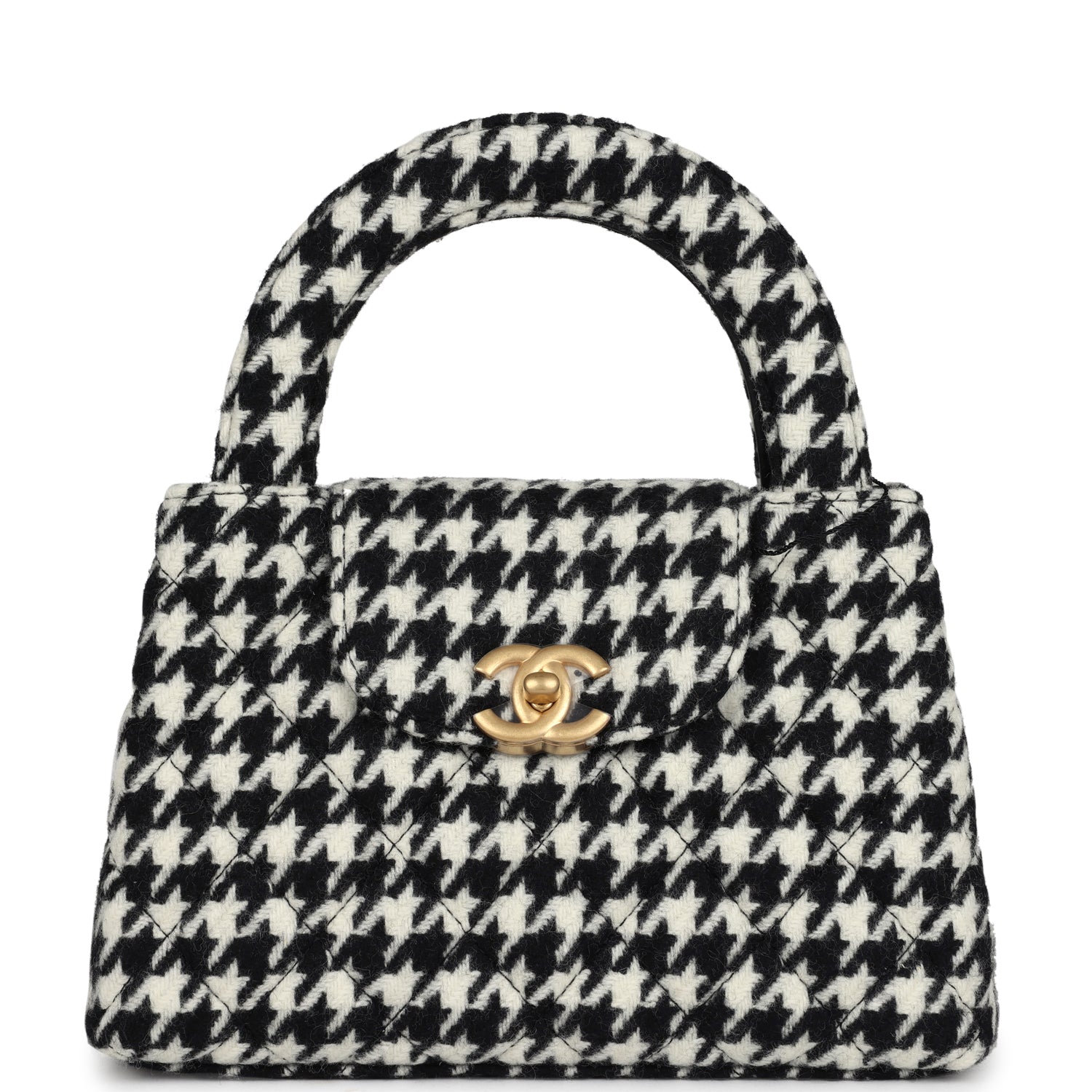 Chanel Small Kelly Shopper Black and White Houndstooth Tweed Brushed G