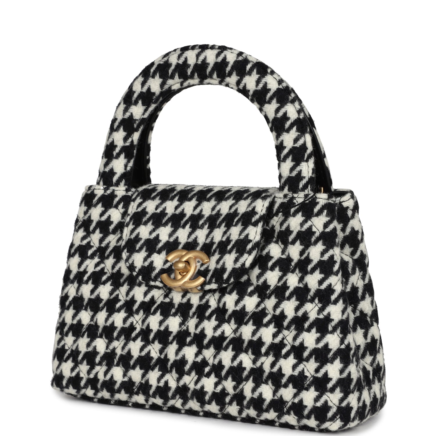 Chanel Small Kelly Shopper Black and White Houndstooth Tweed Brushed G