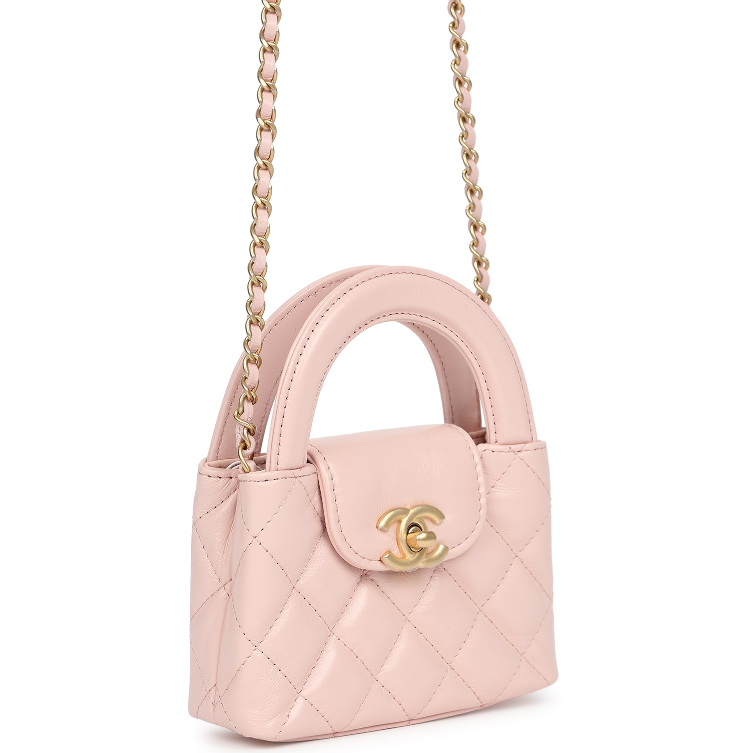 Chanel Nano Kelly Shopper Pink Shiny Aged Calfskin Brushed Gold Hardwa