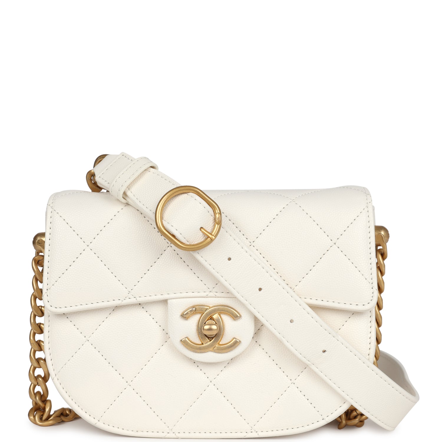 Chanel Mini Round Messenger Flap Bag White Caviar Antique Gold Hardwar