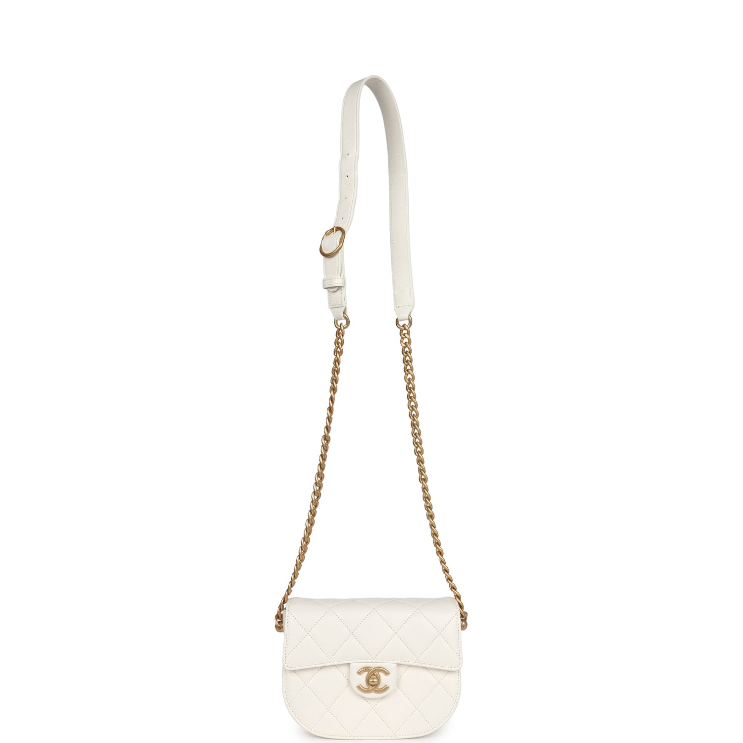 Chanel Mini Round Messenger Flap Bag White Caviar Antique Gold Hardwar
