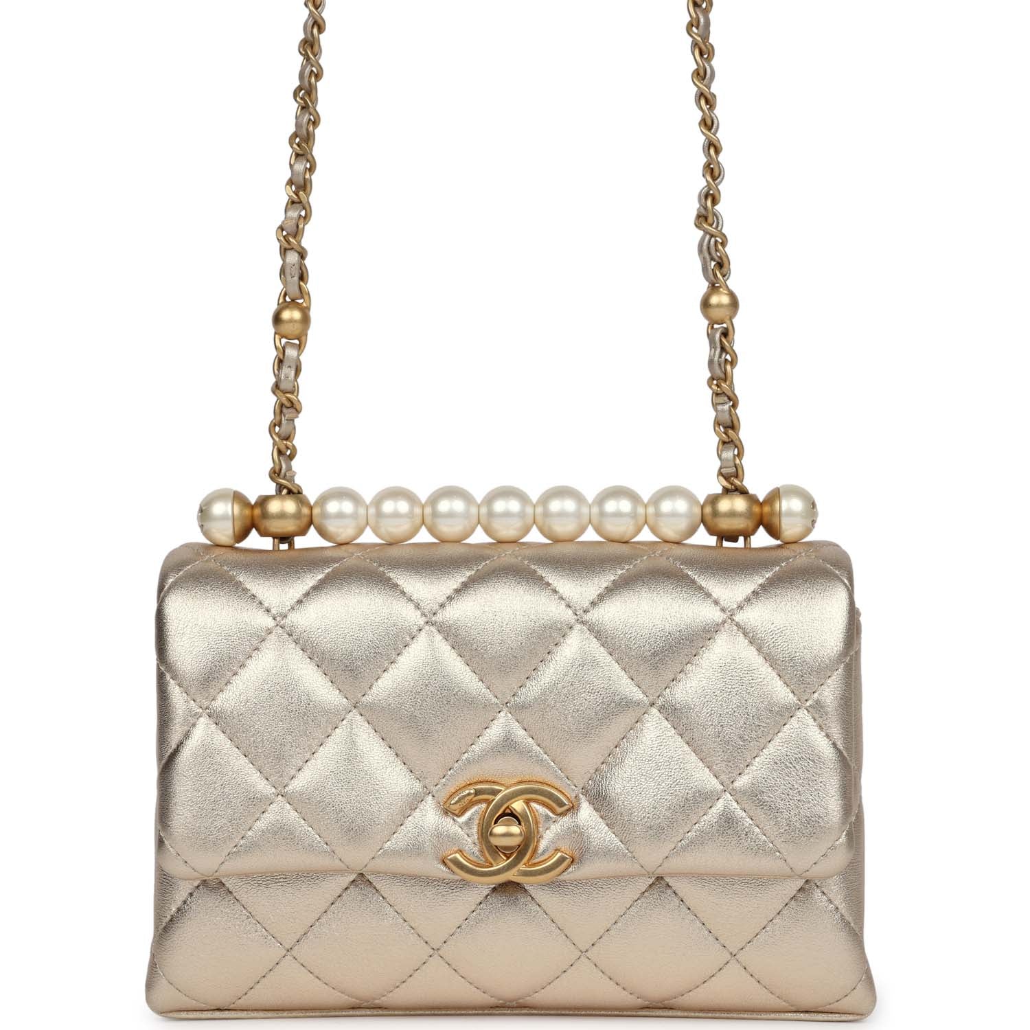 Chanel Mini Pearl Top Handle Flap Bag Metallic Gold Lambskin Brushed G