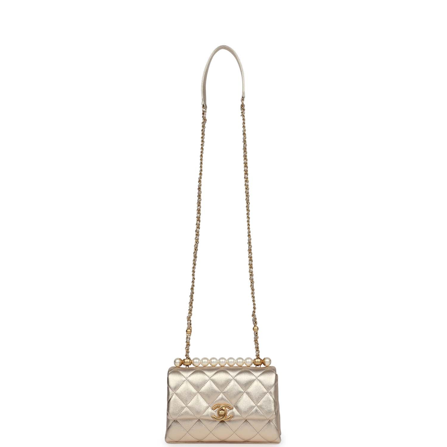 Chanel Mini Pearl Top Handle Flap Bag Metallic Gold Lambskin Brushed G