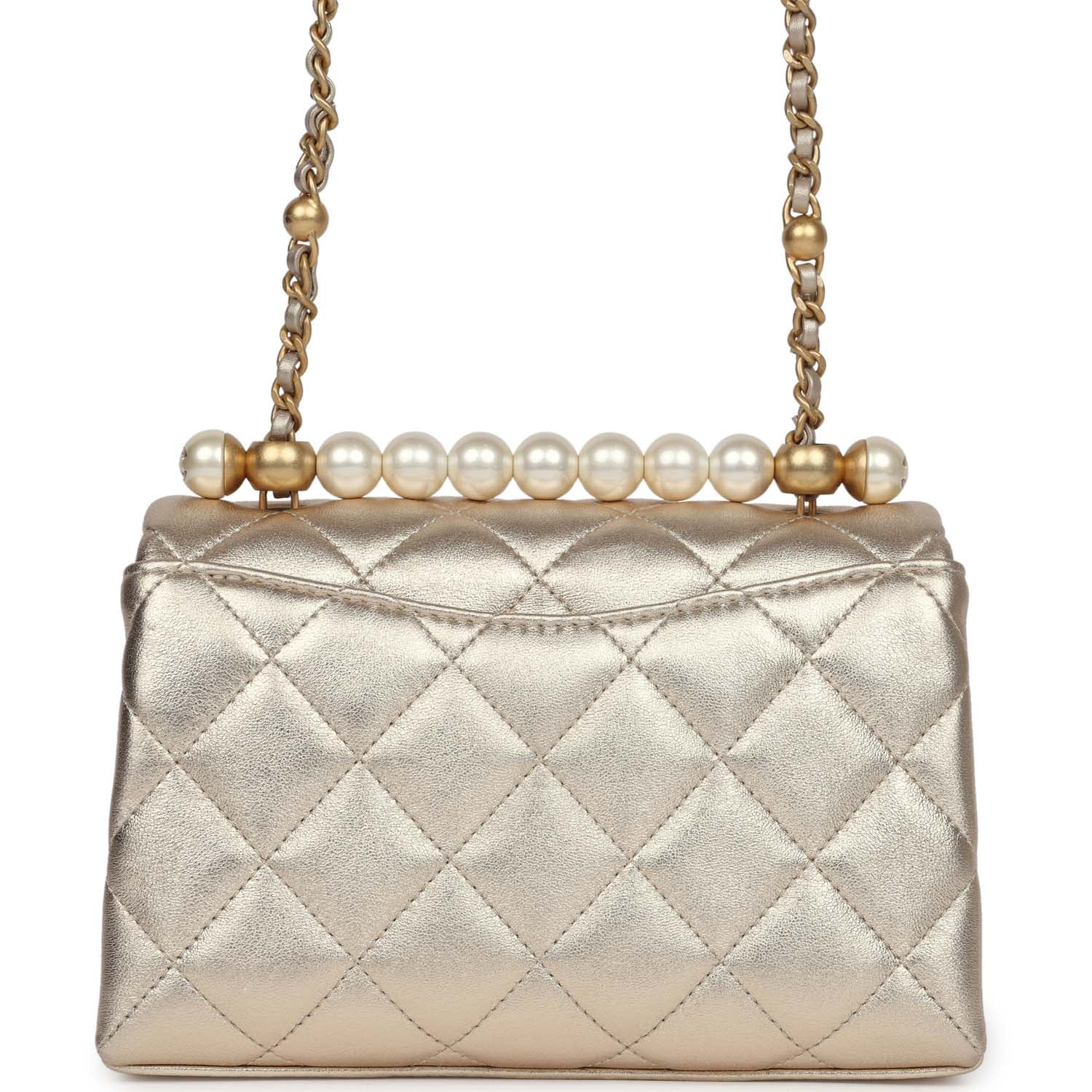 Chanel Mini Pearl Top Handle Flap Bag Metallic Gold Lambskin Brushed G