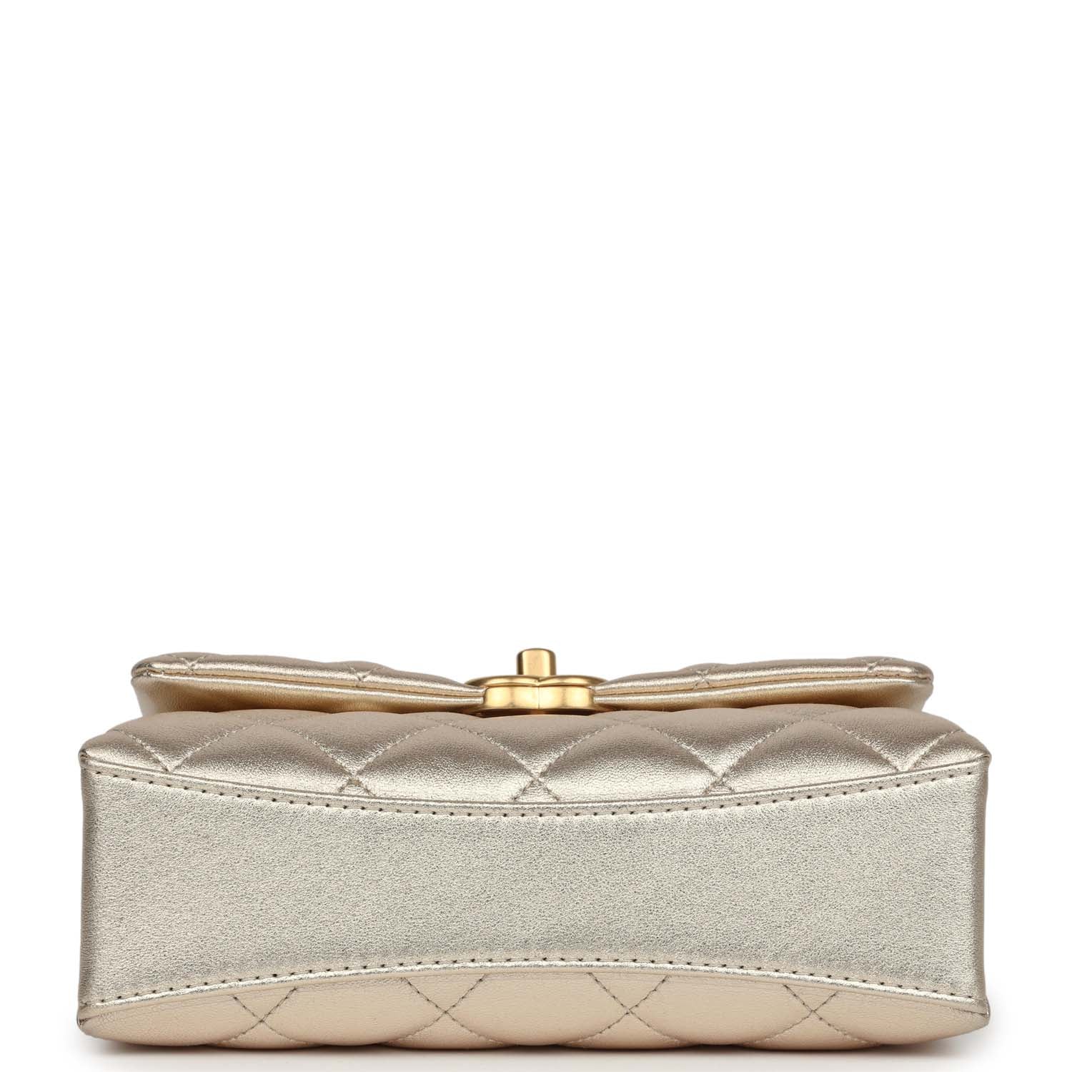 Chanel Mini Pearl Top Handle Flap Bag Metallic Gold Lambskin Brushed G