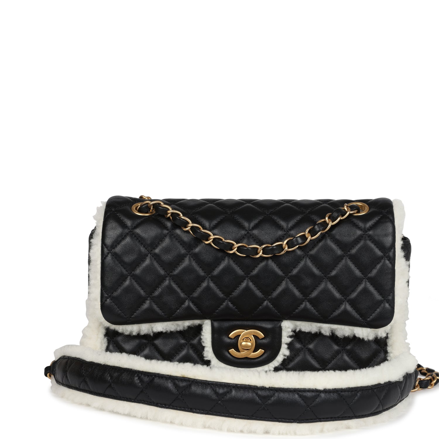 Chanel Medium Muff Shearling Flap Bag Black and White Lambskin and She ...