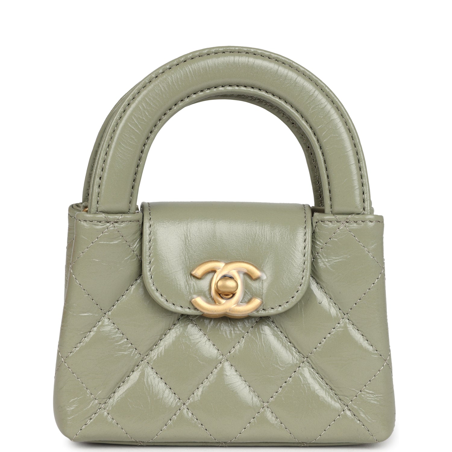 Chanel Nano Kelly Shopper Khaki Shiny Aged Calfskin Brushed Gold Hardw
