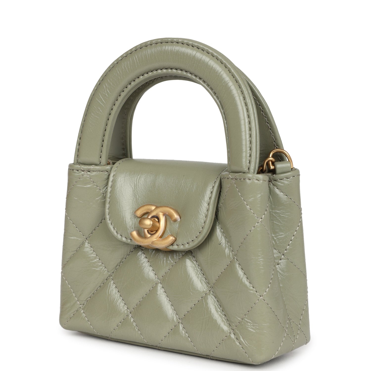 Chanel Nano Kelly Shopper Khaki Shiny Aged Calfskin Brushed Gold Hardw