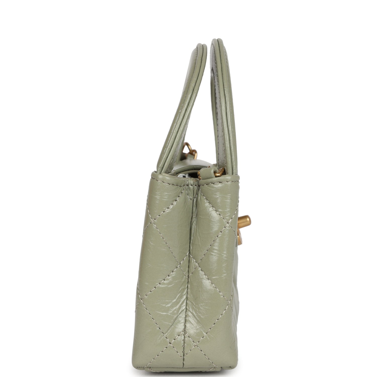 Chanel Nano Kelly Shopper Khaki Shiny Aged Calfskin Brushed Gold Hardw