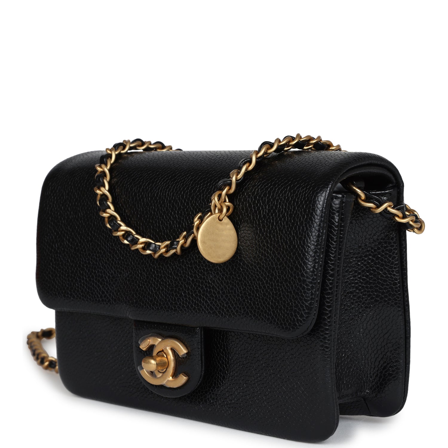 Chanel Mini Flap Bag Black Shiny Grained Calfskin Brushed Gold Hardware ...