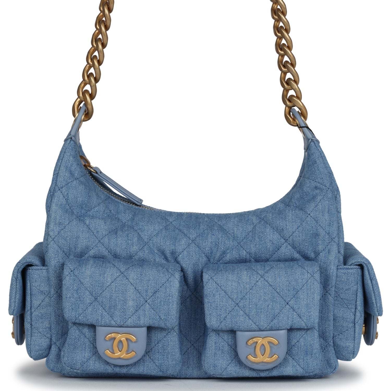 Chanel Large Cargo Hobo Bag Light Blue Washed Denim Brushed Gold Hardw