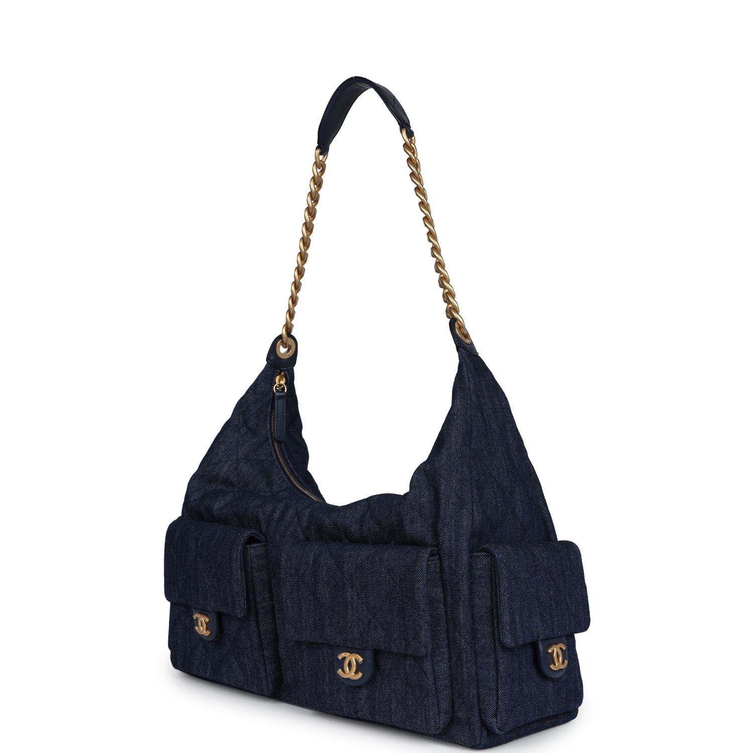 Chanel Maxi Cargo Hobo Bag Dark Blue Washed Denim Brushed Gold Hardwar