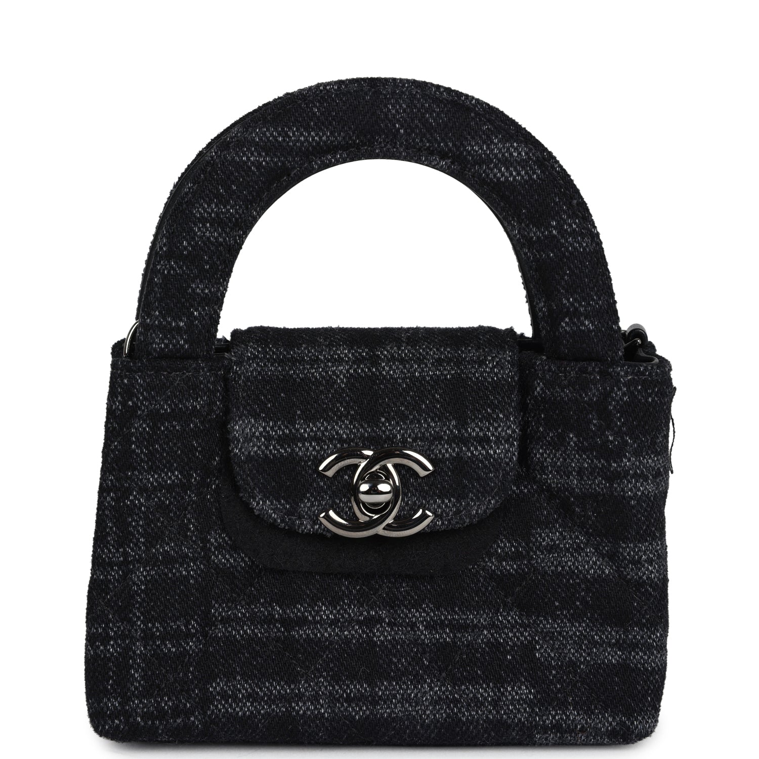 Chanel Nano Kelly Shopper Black and Grey Printed Denim Ruthenium Hardw