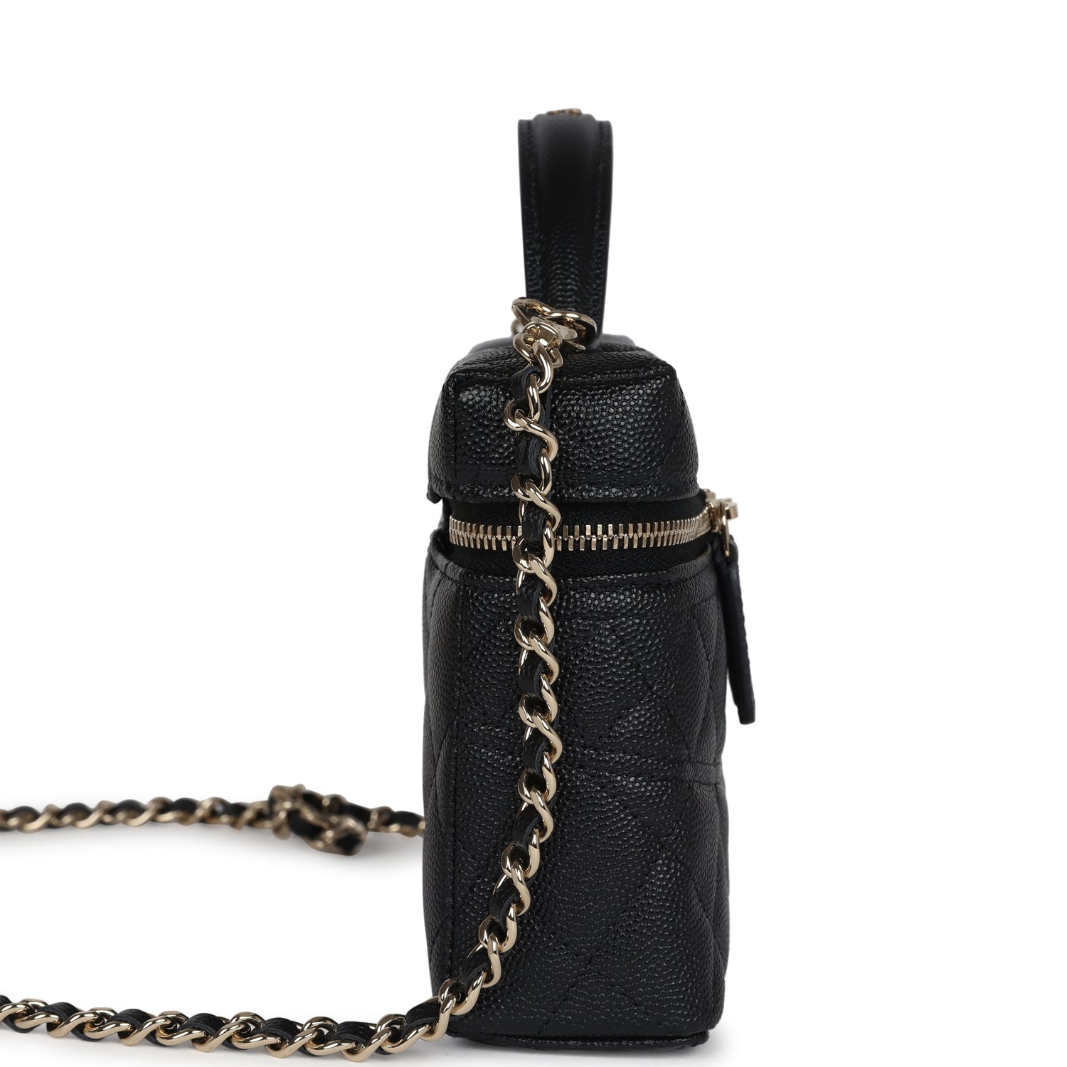 Chanel CC Top Handle Long Vanity Case With Chain Black Caviar Light Go